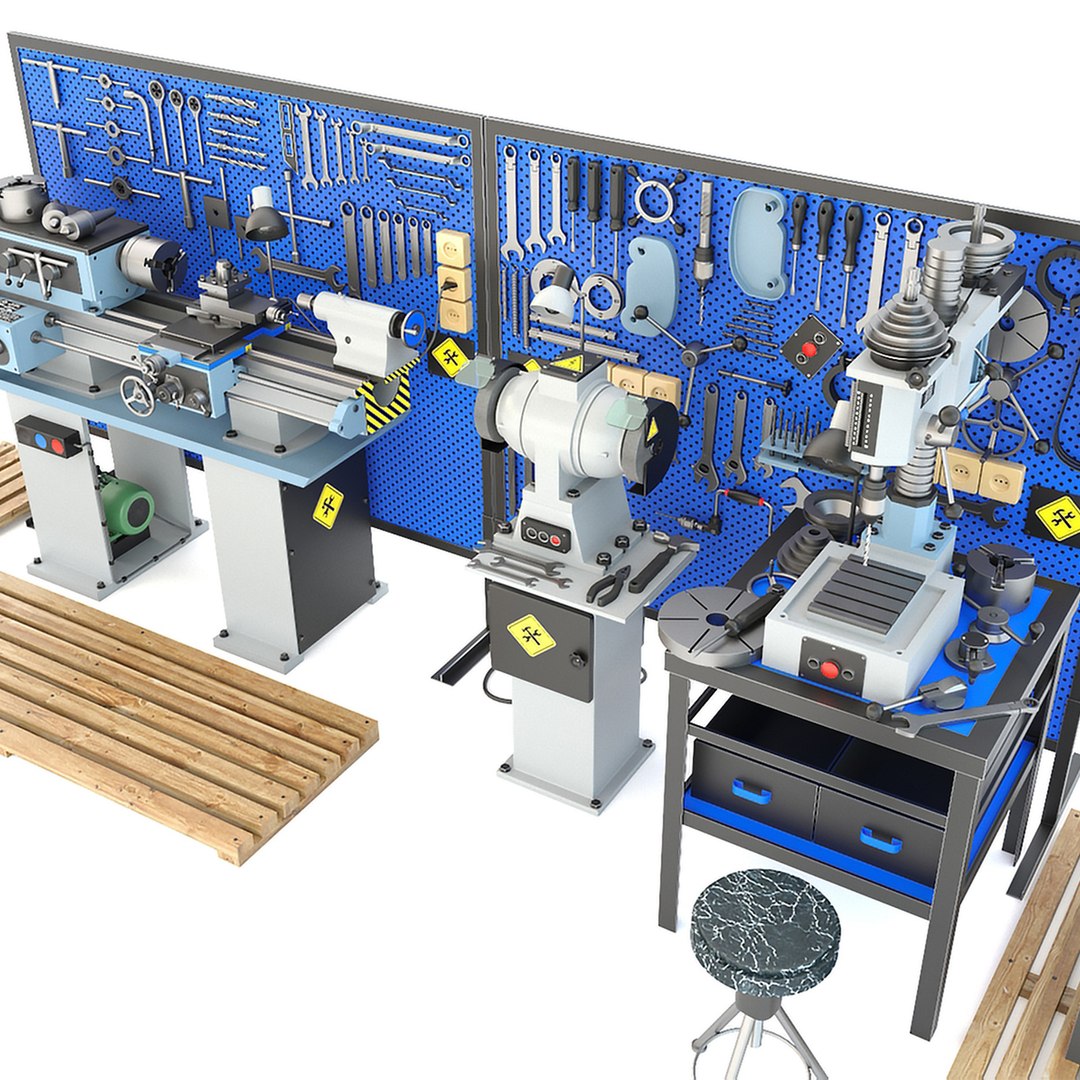 Industrial workbench garage tools and lathe grinder drilling machine 3D ...