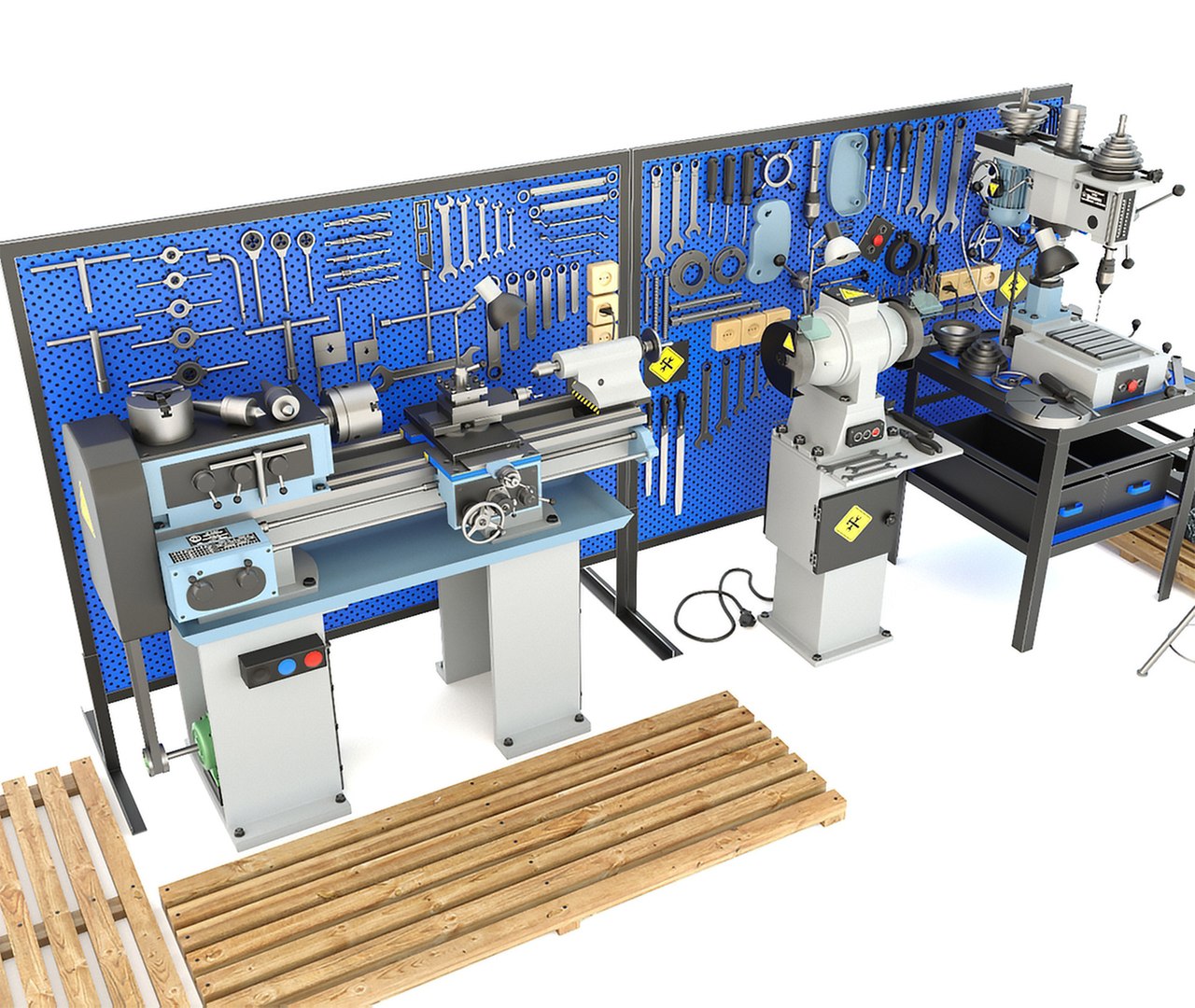 Industrial Workbench Garage Tools And Lathe Grinder Drilling Machine 3D ...