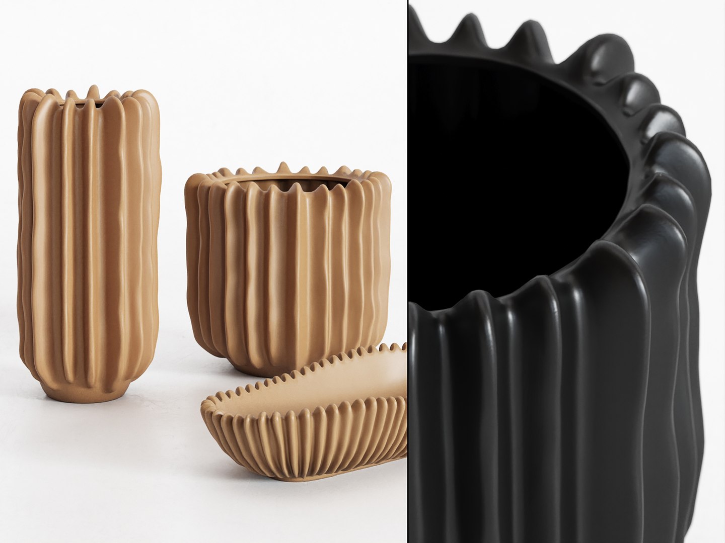 3D Model Two Wavy Shaped Vases And Decorative Bowl - TurboSquid 2151803