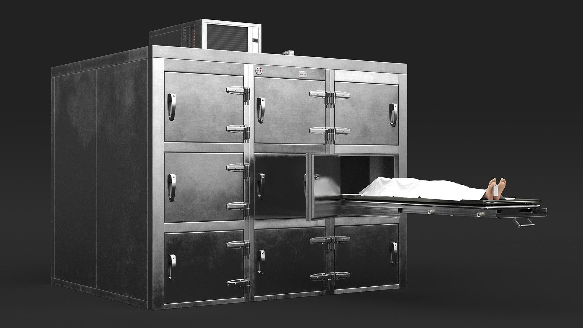 3D Morgue Refrigerator with Covered Female Corpse - TurboSquid 2046450