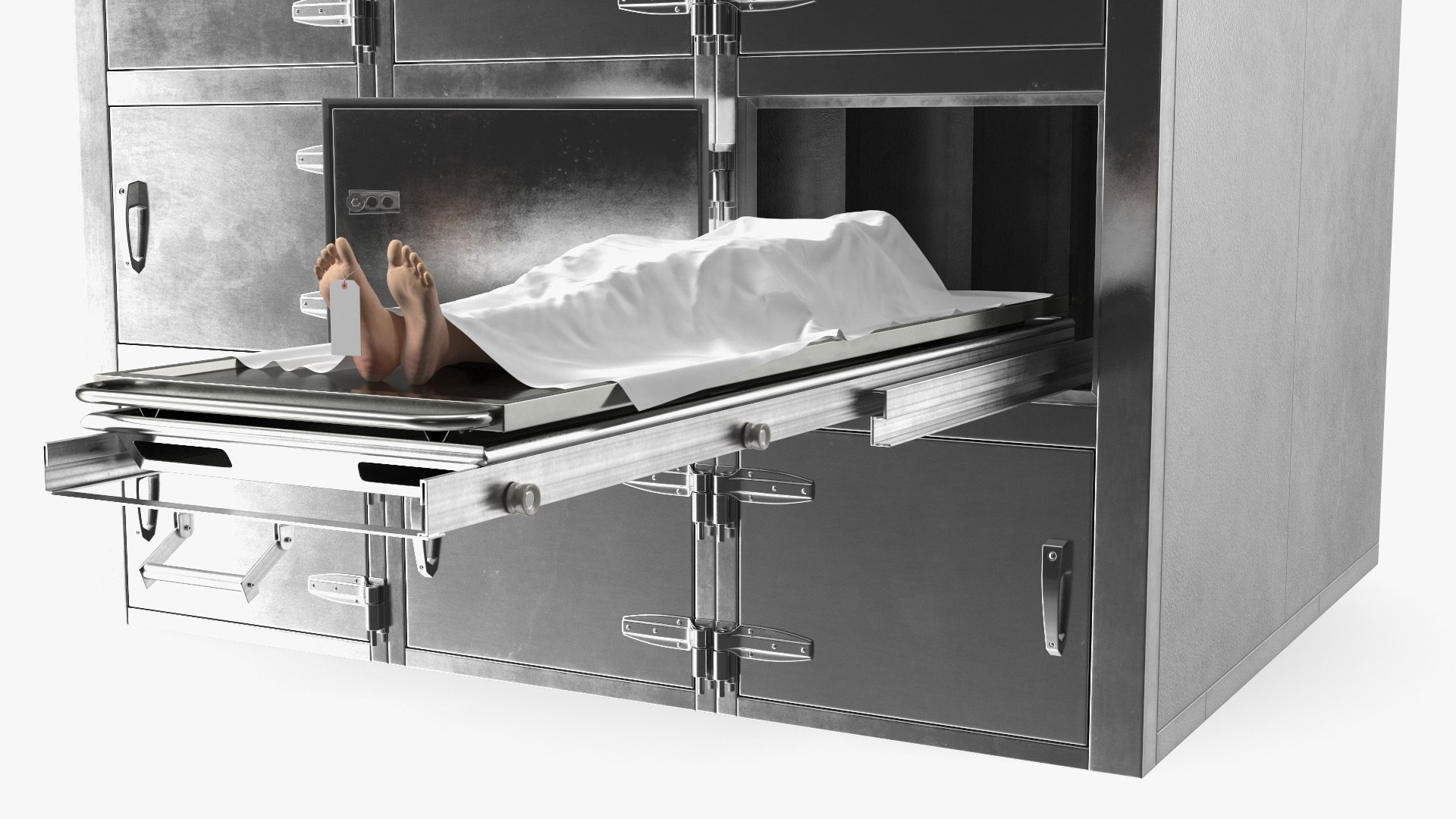 3D Morgue Refrigerator with Covered Female Corpse - TurboSquid 2046450