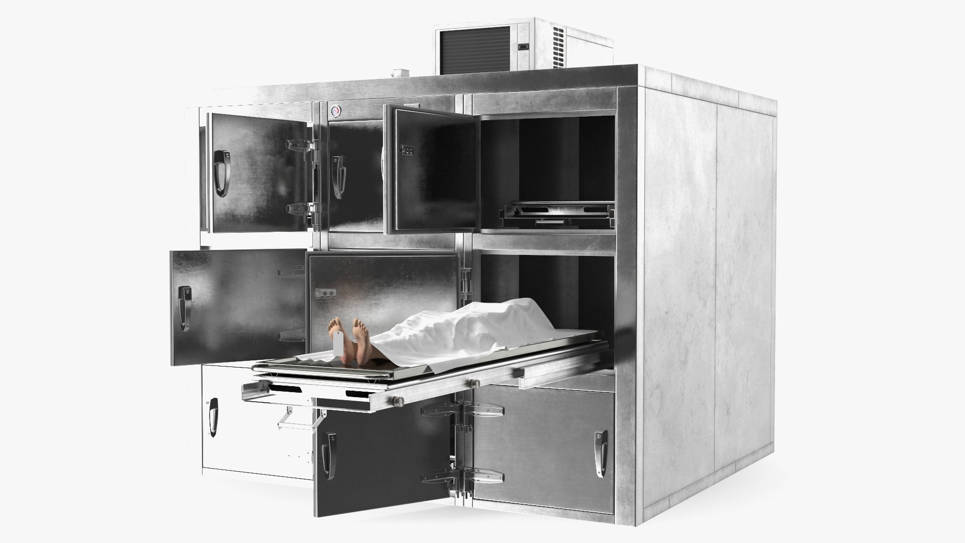3D Morgue Refrigerator with Covered Female Corpse - TurboSquid 2046450