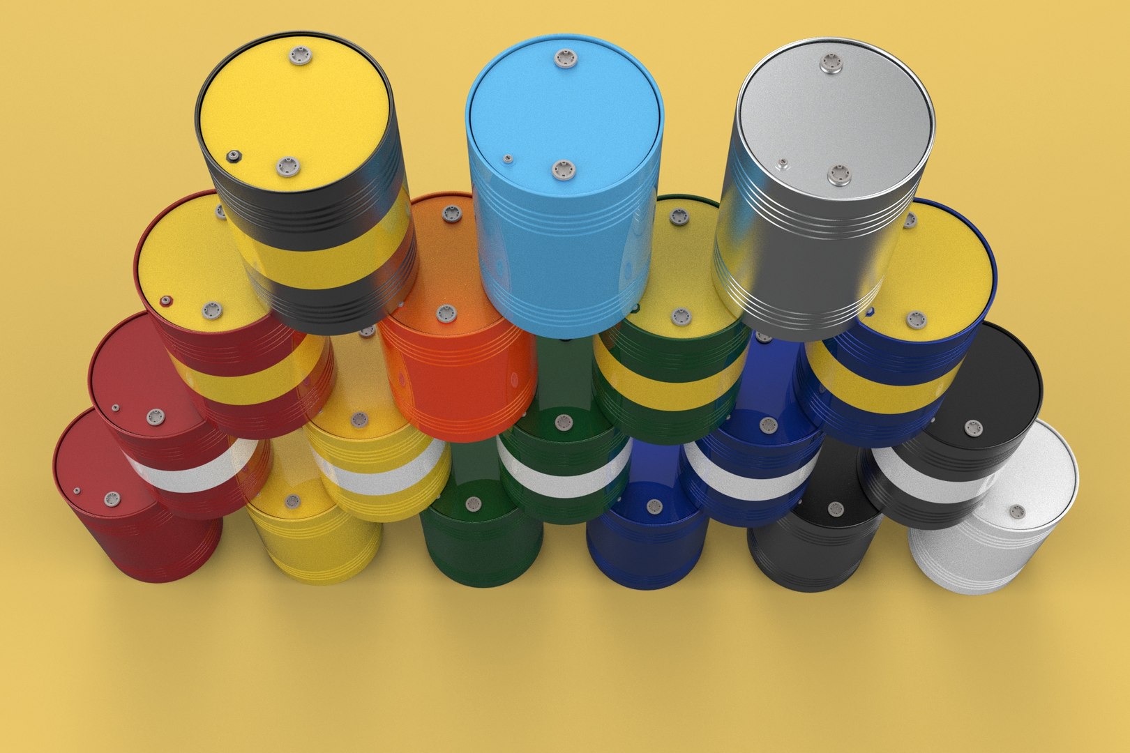 STACKED VARIOUS COLOR FUEL OIL STEEL DRUM GALLON BARREL GAS TANK 3D ...