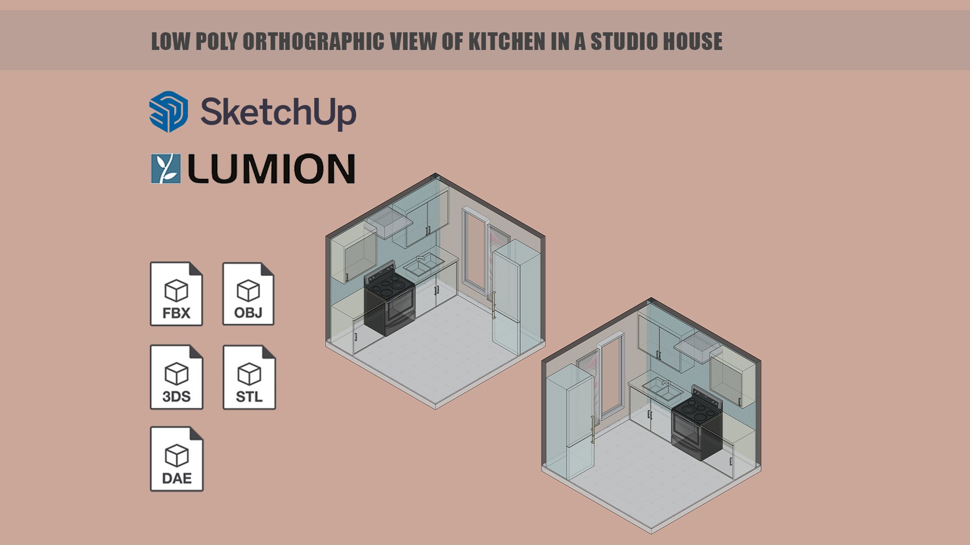 Low Poly Orthographic View Of Kitchen In A Studio House Model ...
