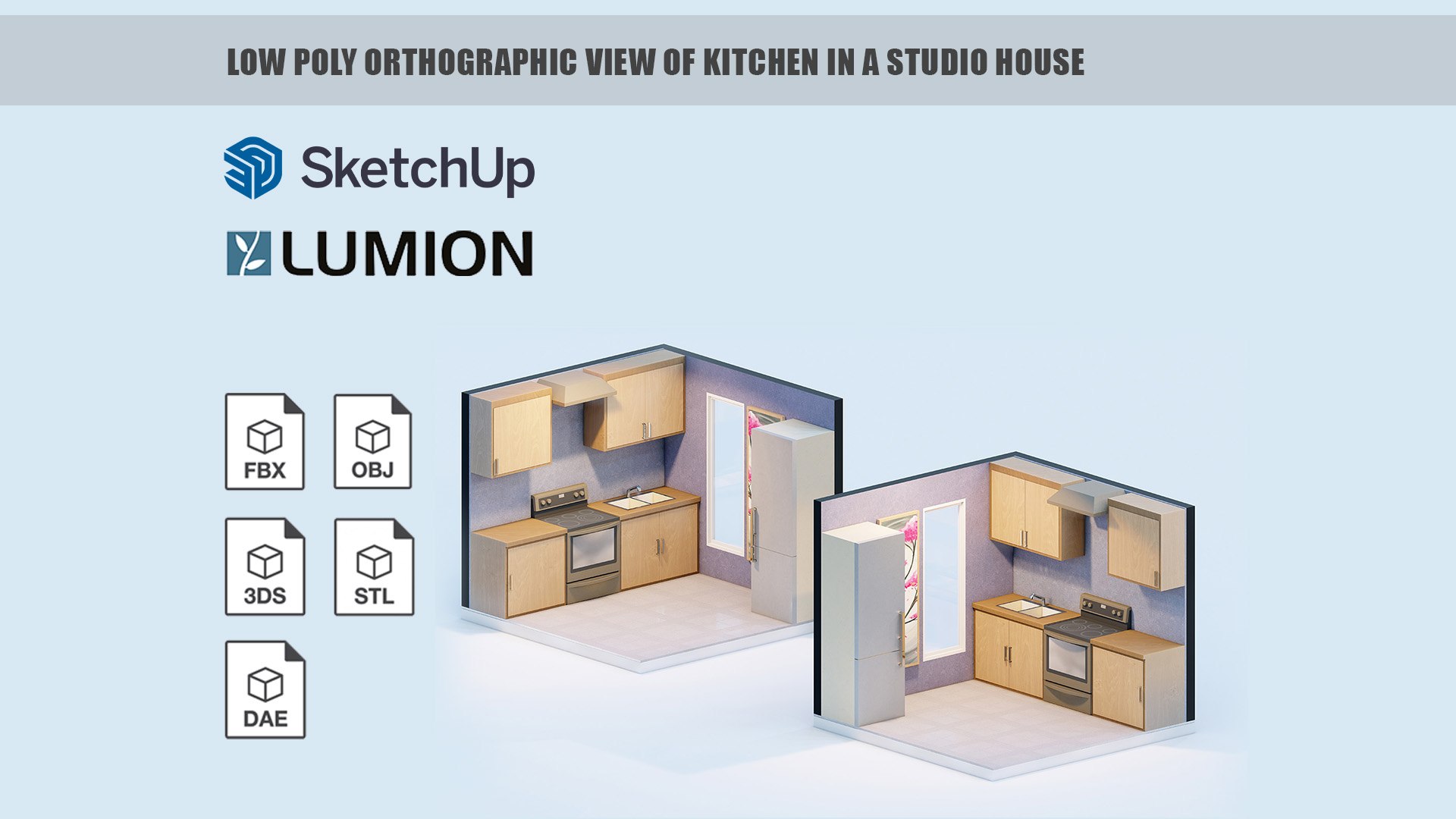 Low Poly Orthographic View Of Kitchen In A Studio House Model ...