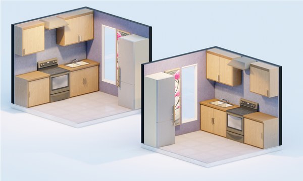 modelo 3d Low poly orthographic view of kitchen in a studio house ...