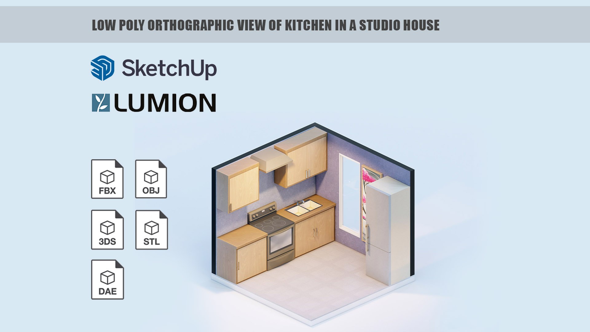 Low Poly Orthographic View Of Kitchen In A Studio House Model ...