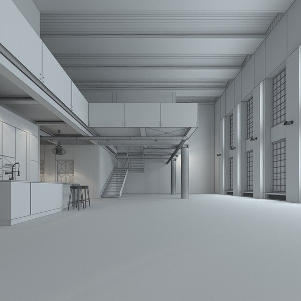 3d model loft kitchen living
