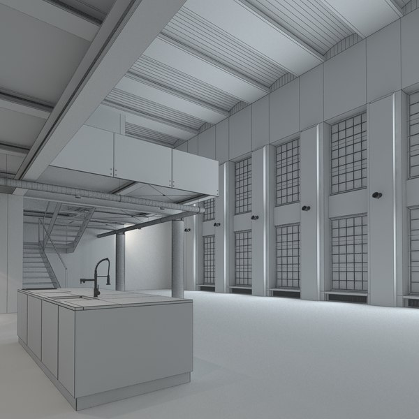 3d model loft kitchen living