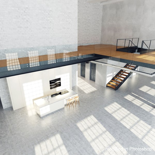 3d model loft kitchen living