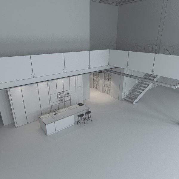 3d model loft kitchen living