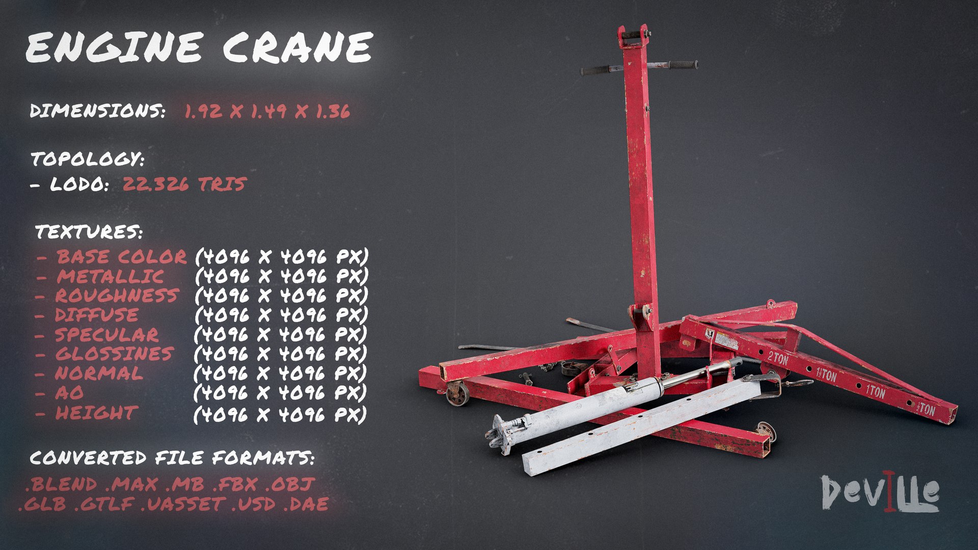 3D Game Ready Car Engine Crane - Hydraulic Hoist - Worn -3 Meshes ...