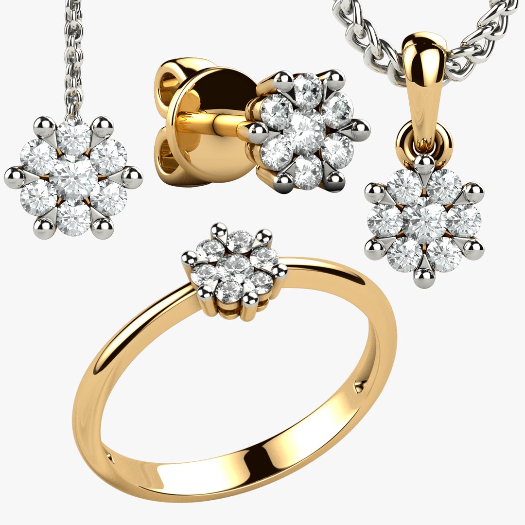 3D Illusion Setting Gold Ring Earrings and Pendant model - TurboSquid ...