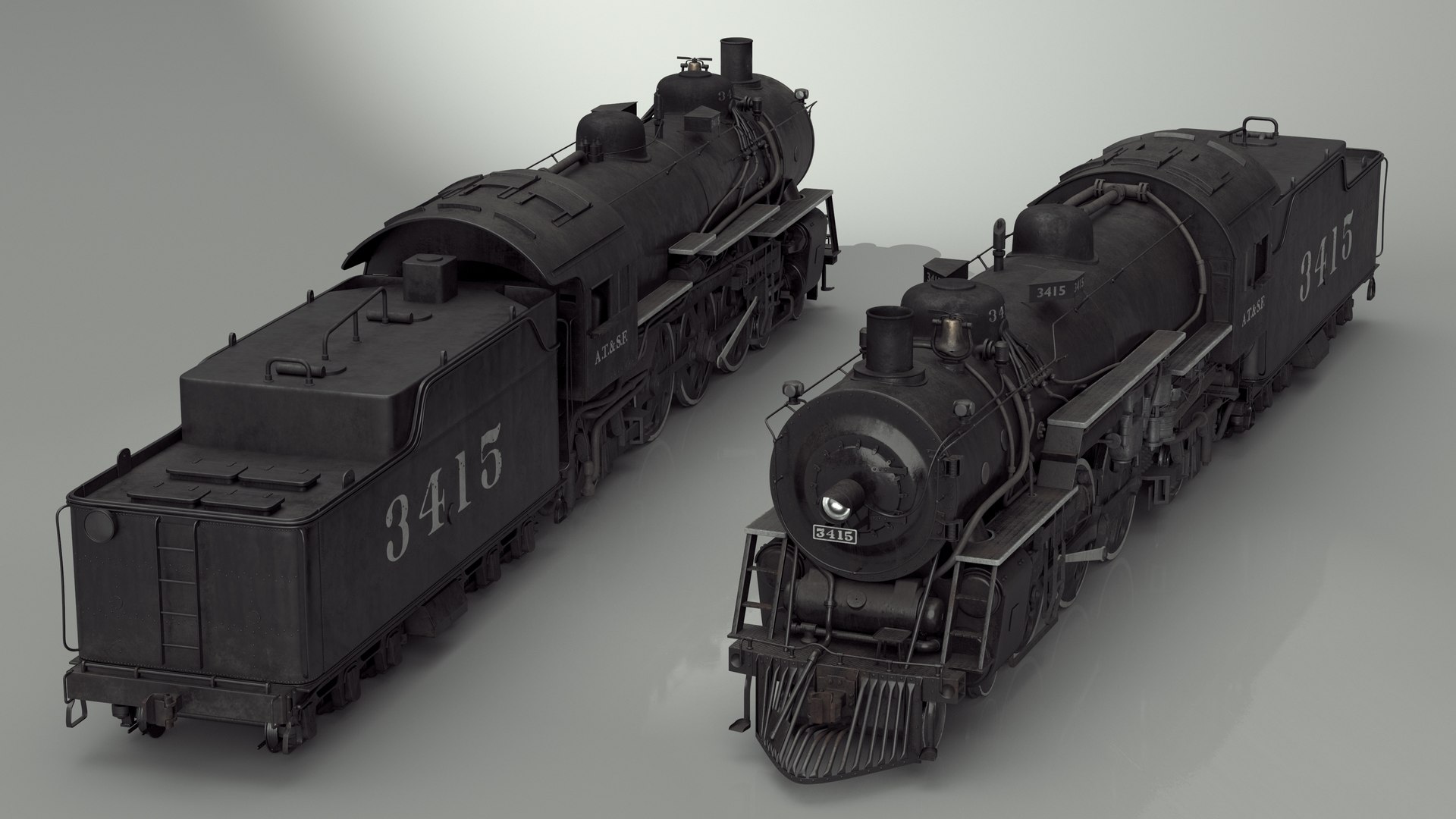 3D Model Vintage Steam Locomotive ATSF 3415 Rigged For Maya ...