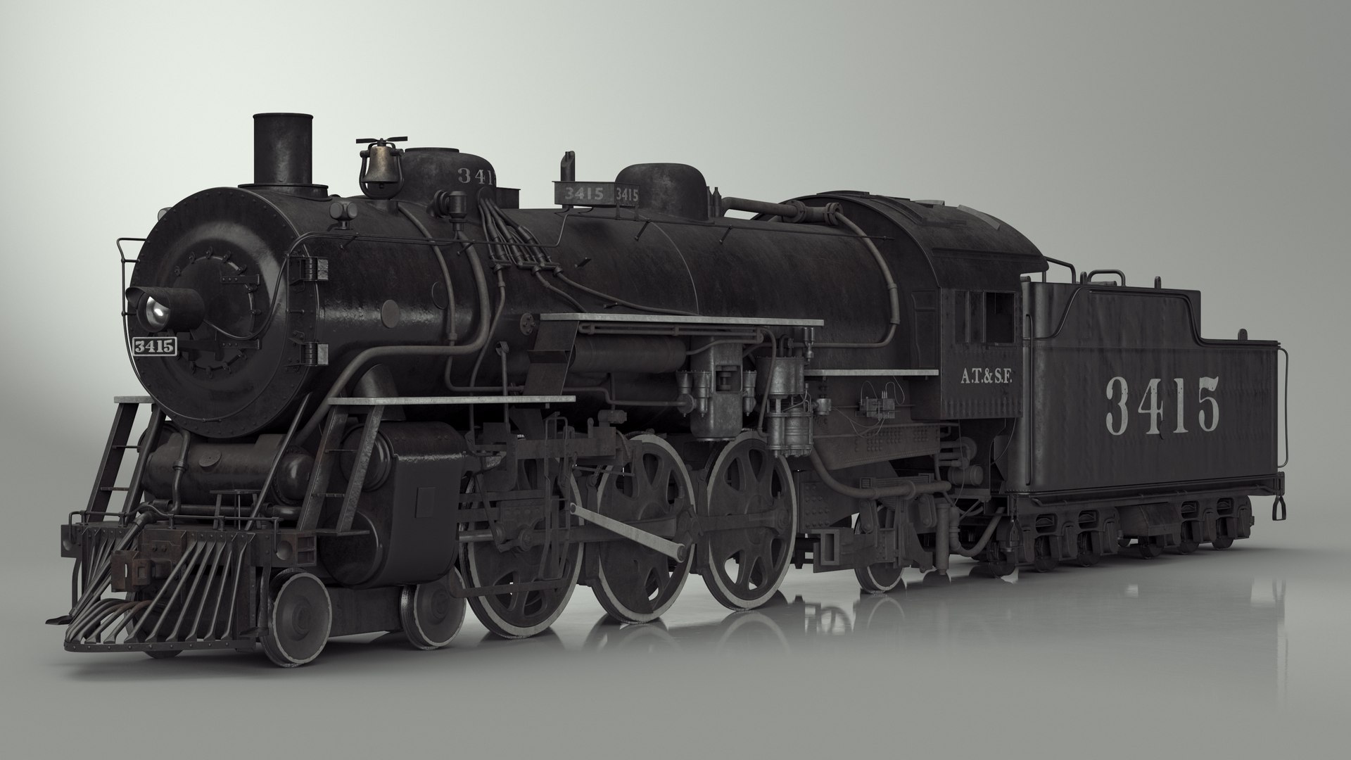 3D Model Vintage Steam Locomotive ATSF 3415 Rigged For Maya ...