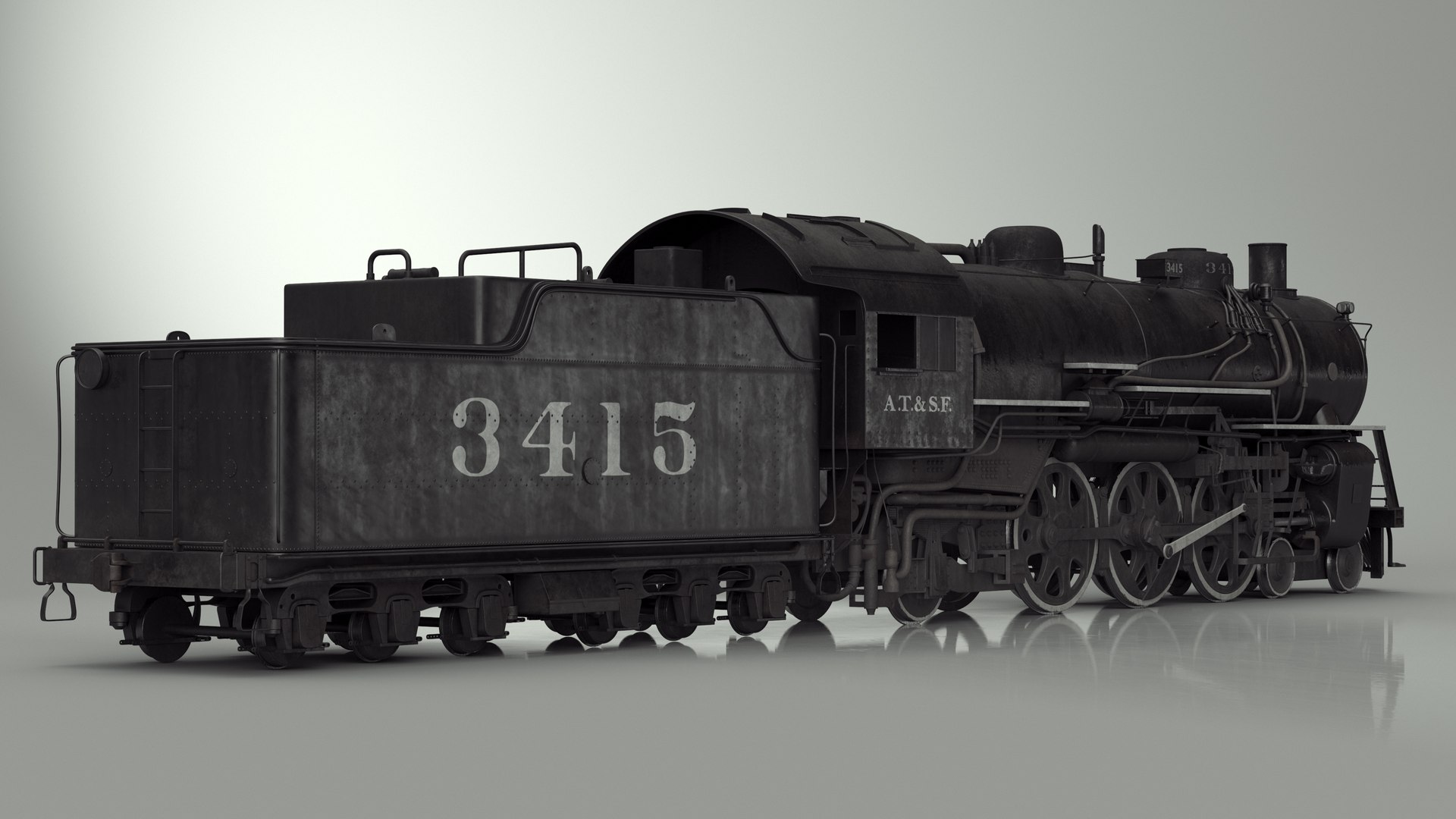 3D Model Vintage Steam Locomotive ATSF 3415 Rigged For Maya ...