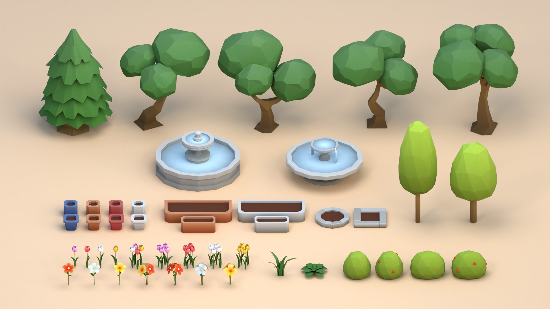3D Cartoon Low Poly Trees Flowers Pack - TurboSquid 2239602