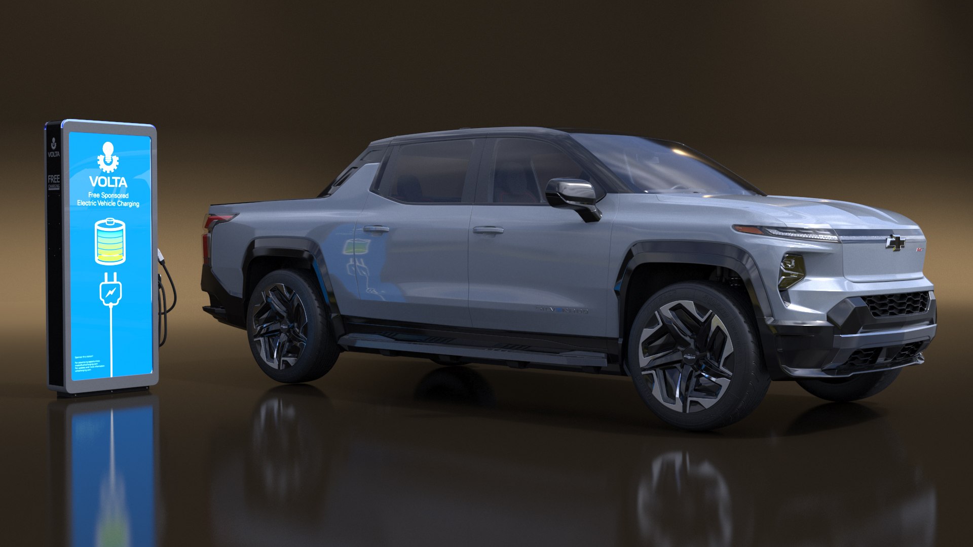 3D Chevrolet Silverado EV Gray With Volta Electric Car Charging Station ...