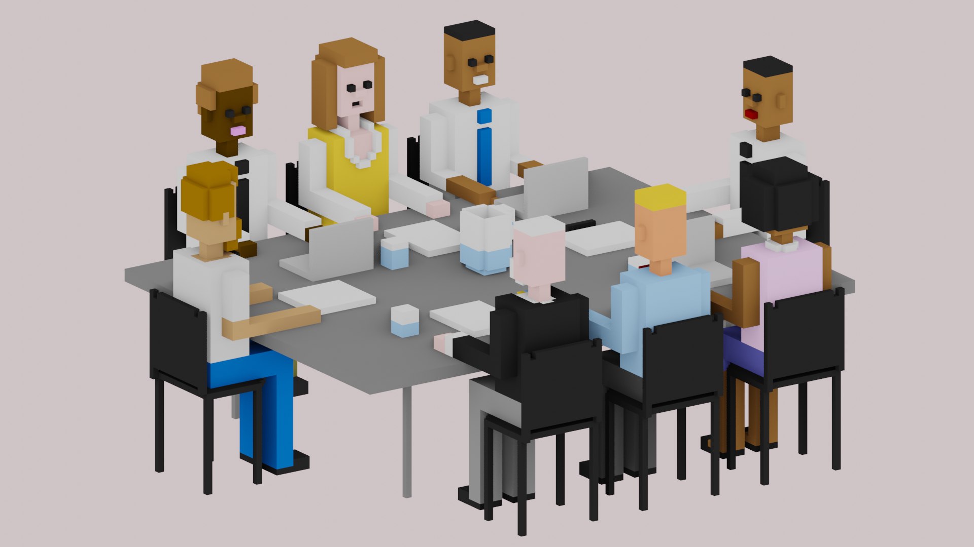 Meeting Room Cartoon Low Poly Voxel Art Business People 3D - TurboSquid ...