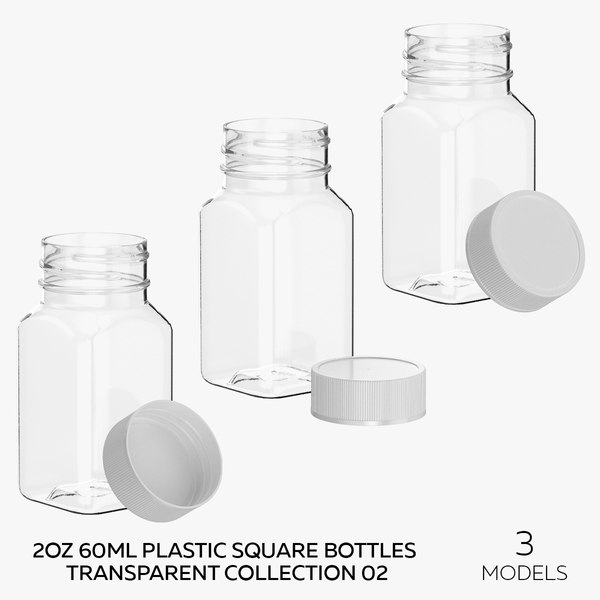 2oz 60ml Plastic Square Bottles Transparent Collection 02 - 3 models 3D ...