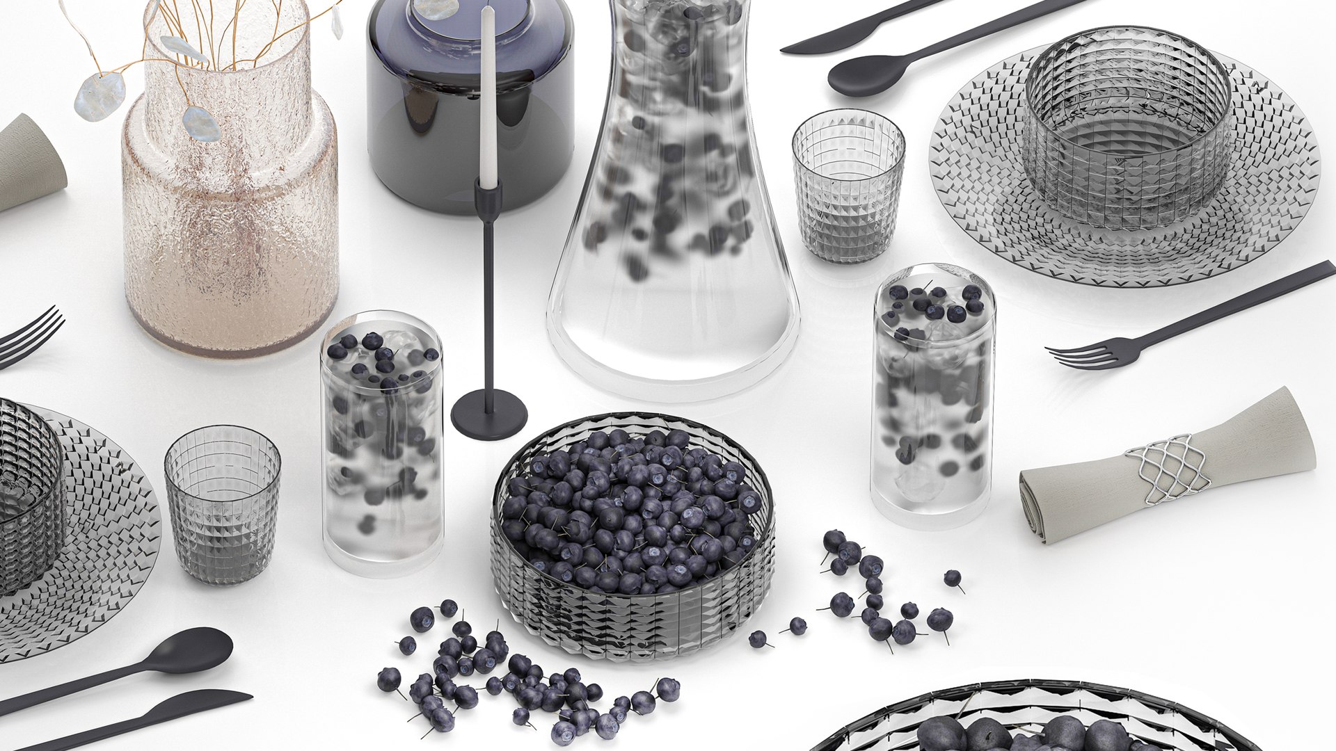 Table Setting With Bouquet And Blueberries 3D model - TurboSquid 1906807