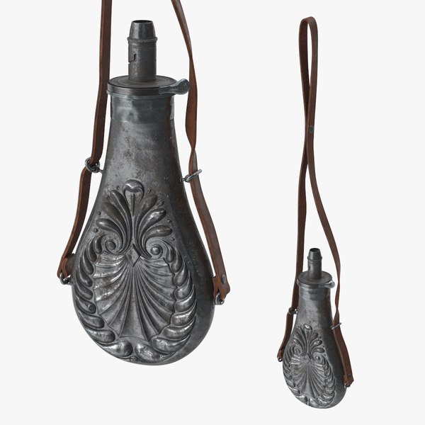 3D модель Винтажная жестяная пороховая фляга с кожаным ремешком ...