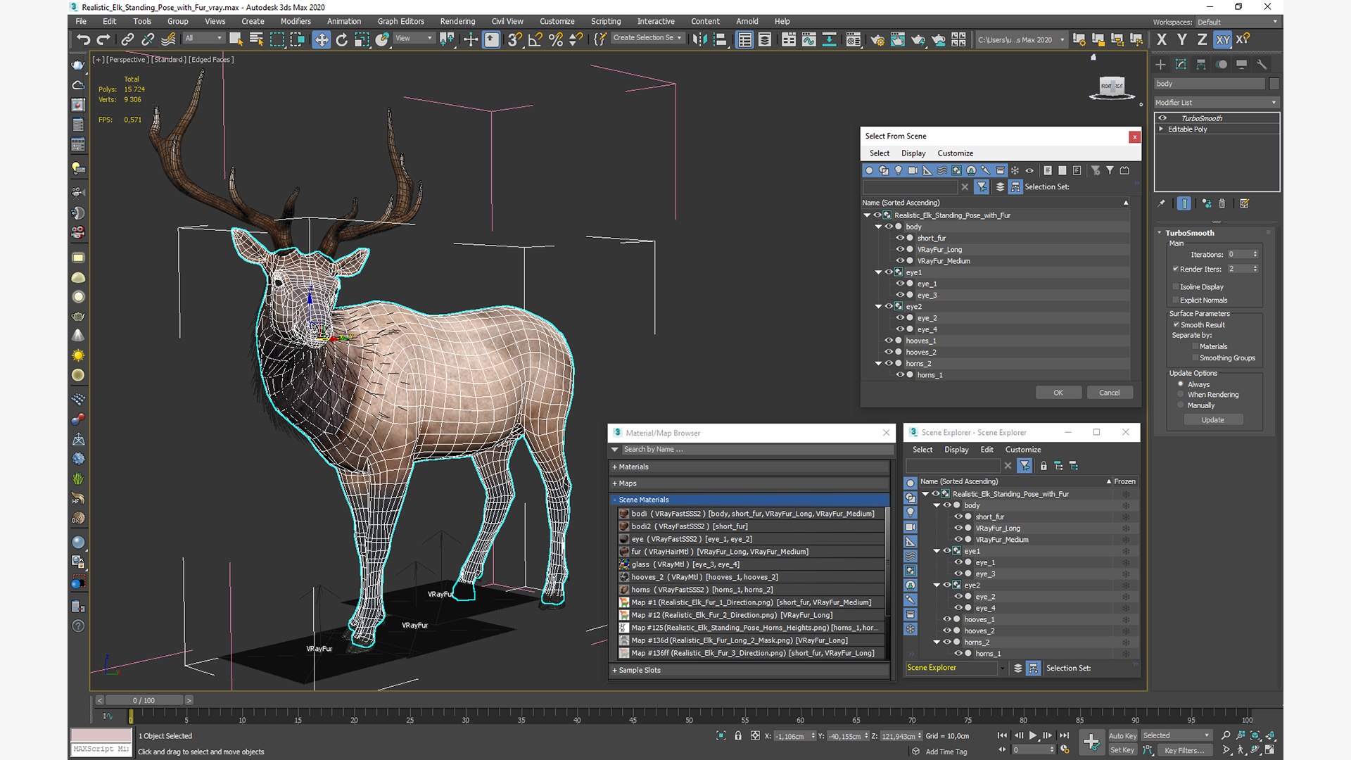 3D Realistic Elk Standing Pose With Fur Model - TurboSquid 2268297