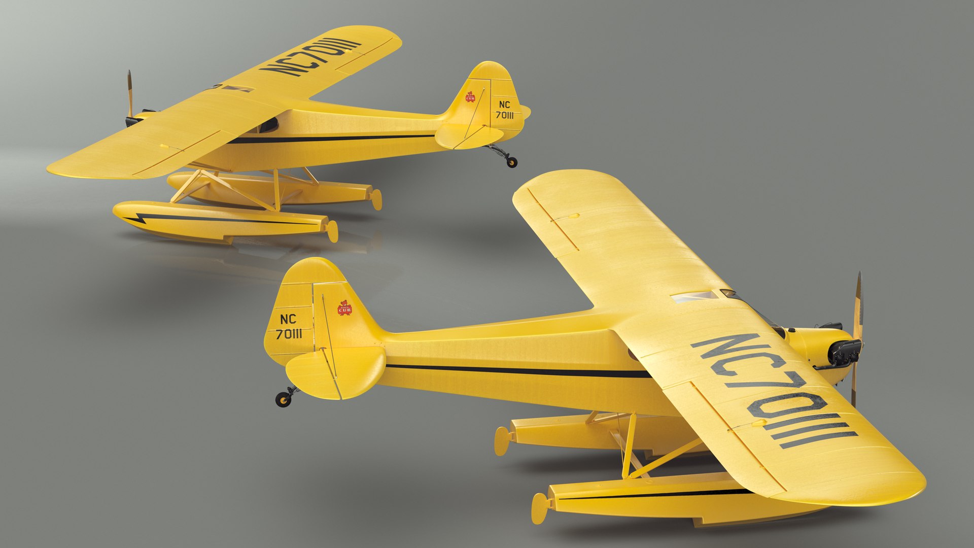 Classic Monoplane Aircraft Piper J-3 With Floats Rigged For Maya 3D ...