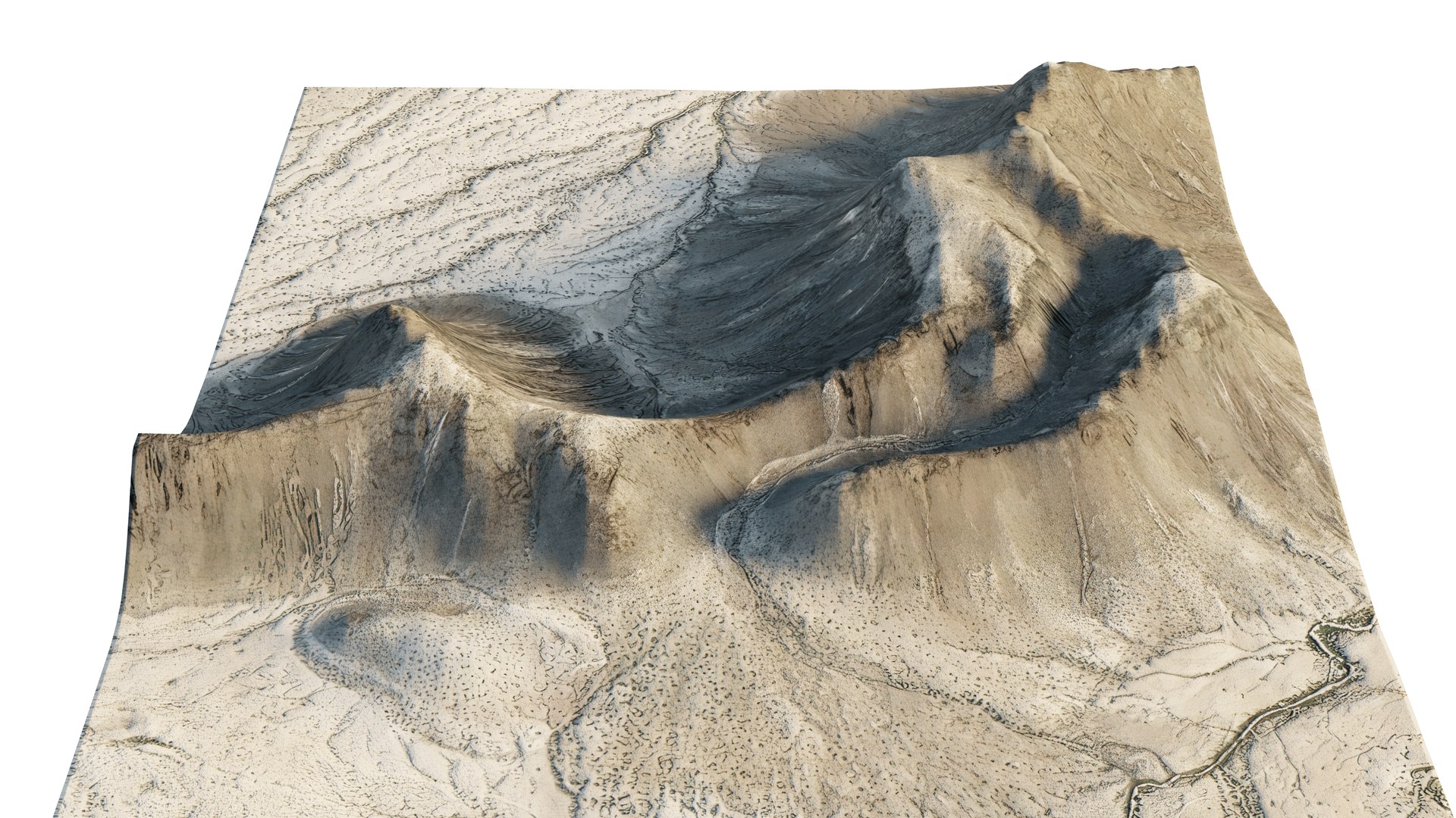 3D mountains are surrounded by a barren sandy desert terrain model ...