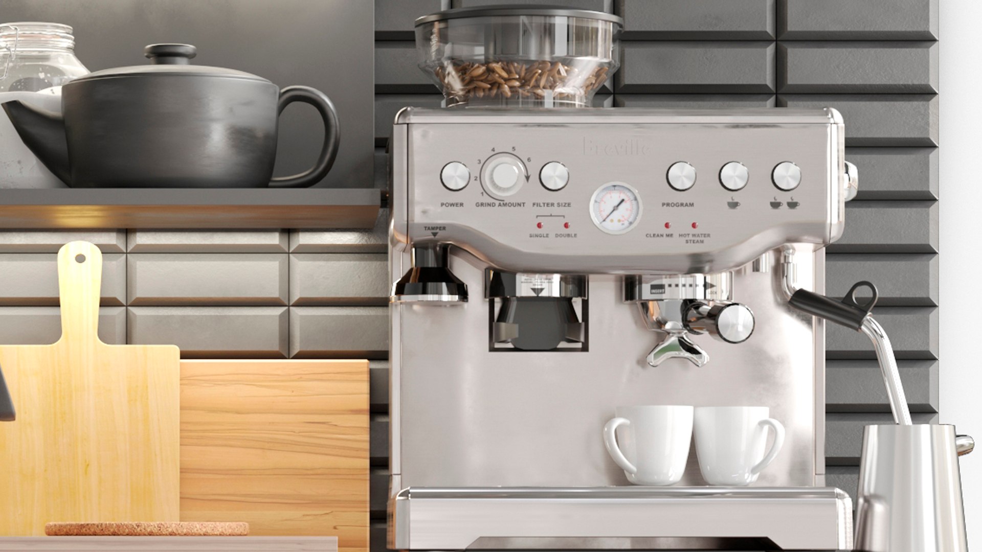 3D Workplace in a cafe or restaurant with a coffee machine model ...