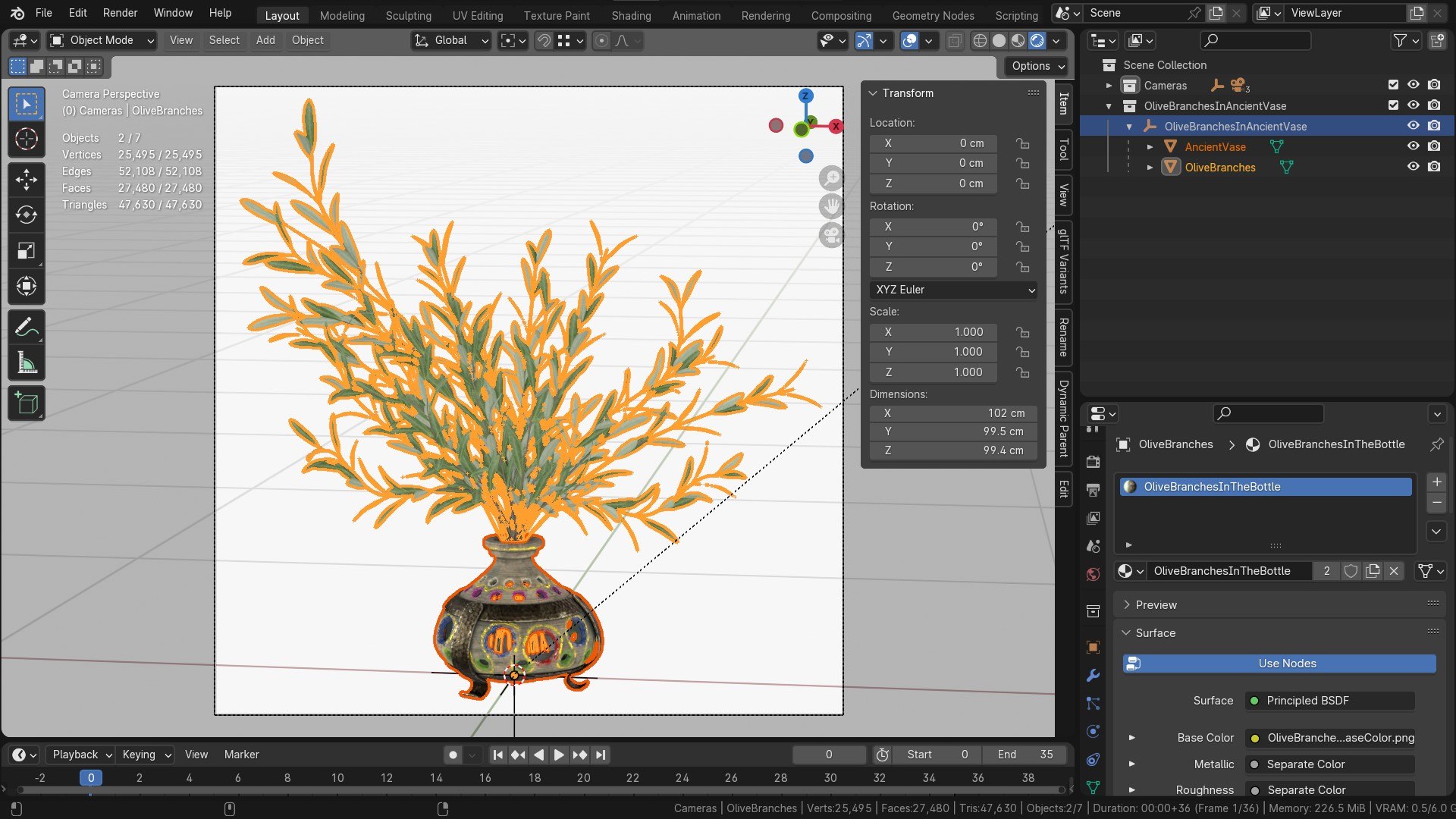 3D Olive Branches Bouquet in Ancient Vase - Game Asset model - TurboSquid 2155035