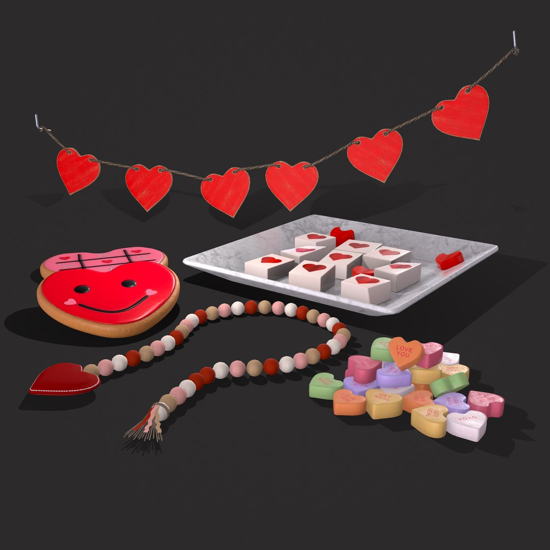 Valentines Heart Trinkets Candy Jello Cookie and Banner model ...