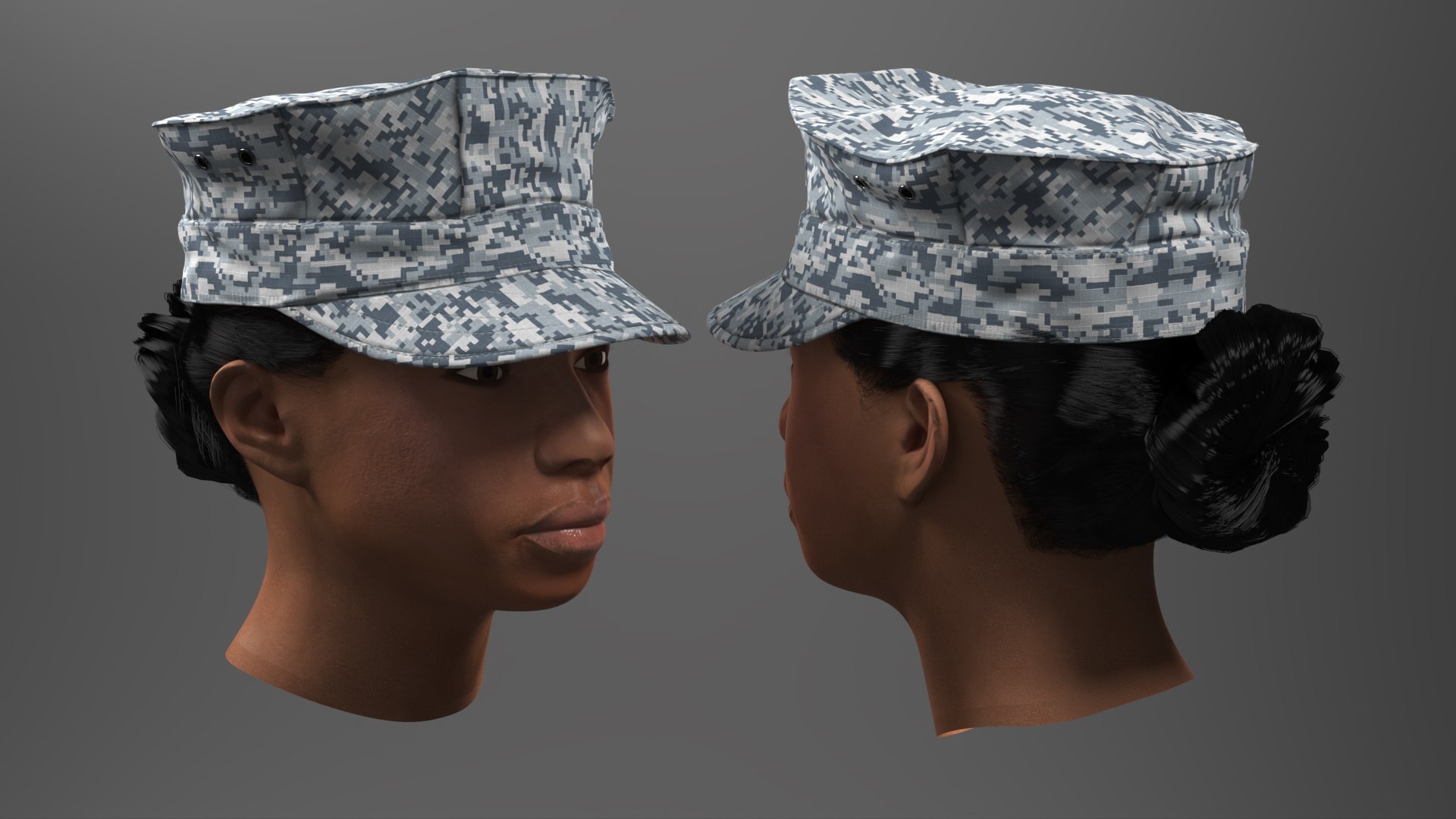 Digital Camo Patrol Cap On Female Head Fur Model - TurboSquid 2419410