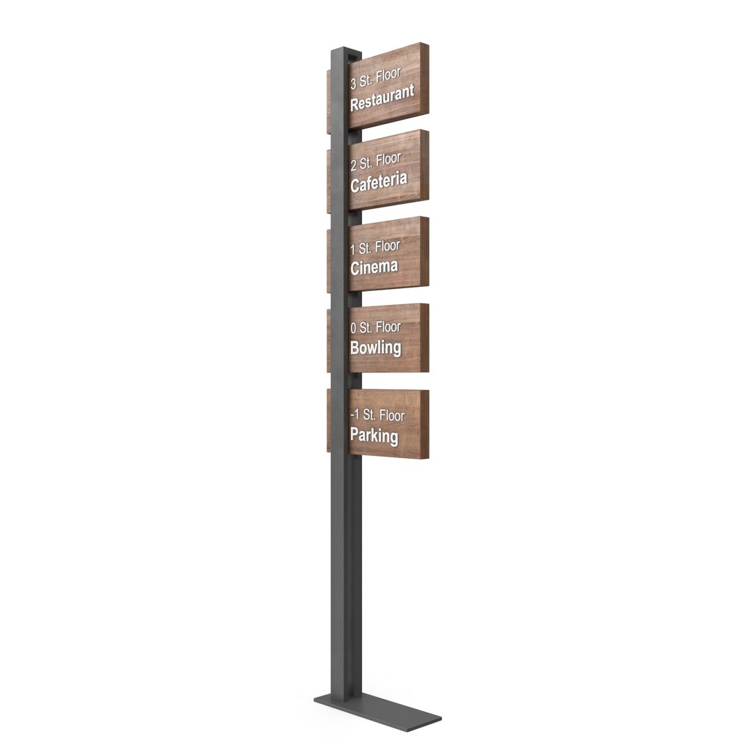 Metal-legged Street Sign With Wooden Panels Sidewalk-mounted 3D Model ...