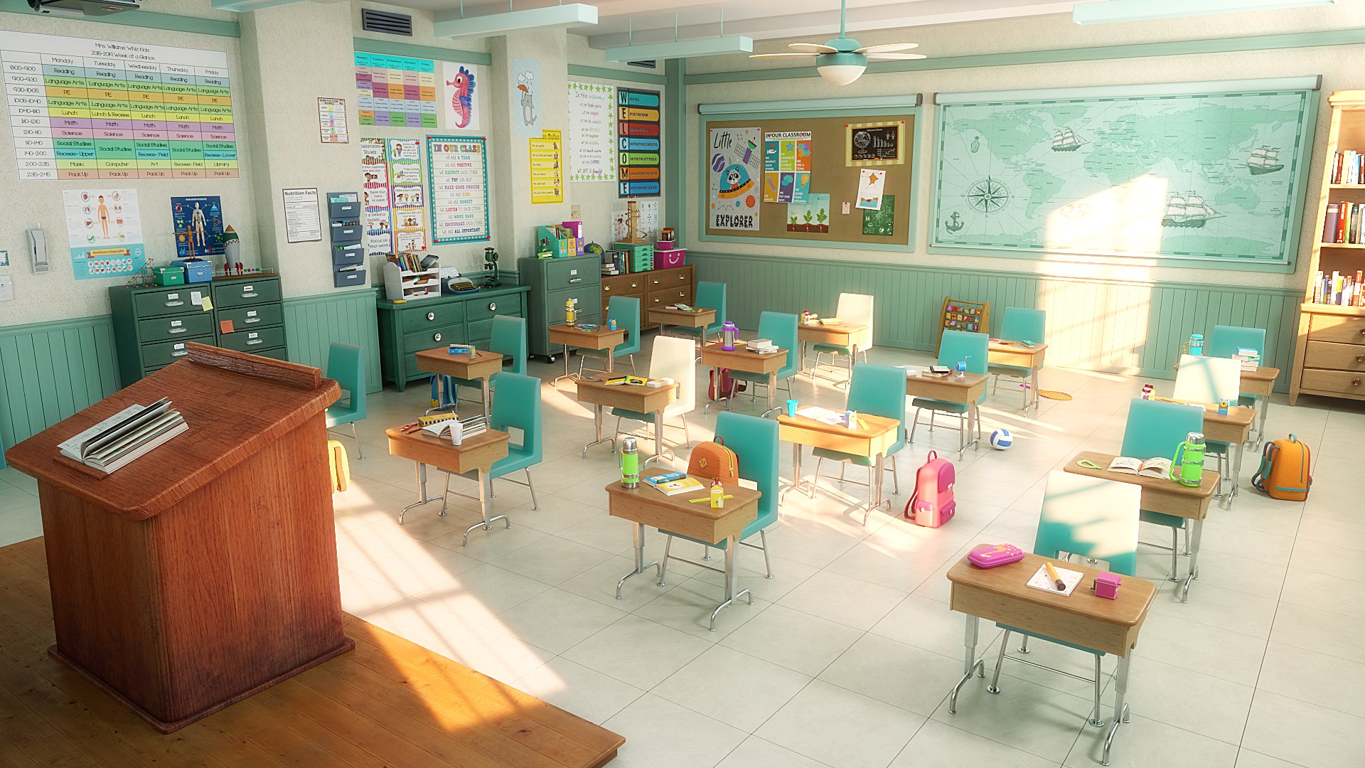 3D Cartoon Classroom Corridor - TurboSquid 1706516