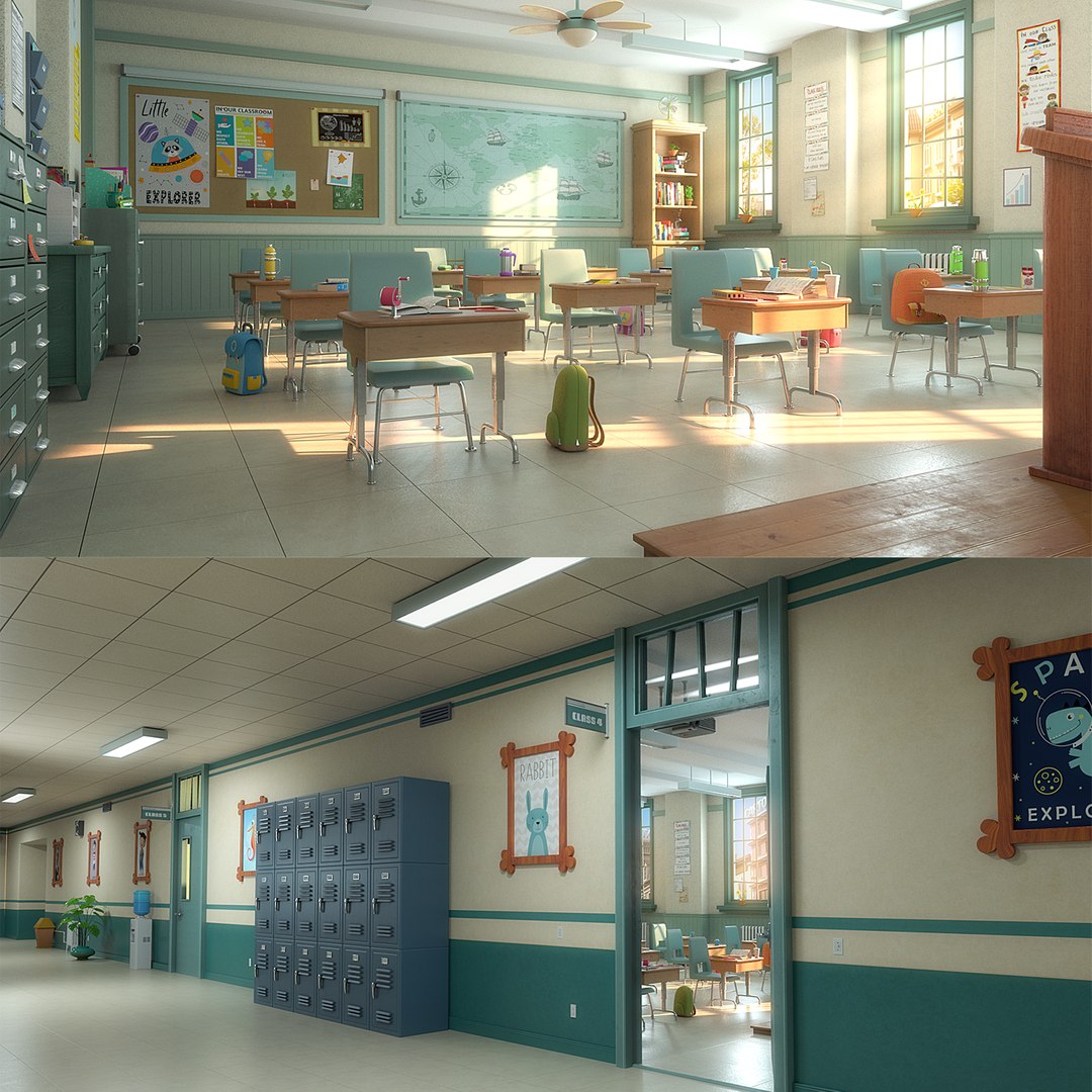 3D Cartoon Classroom Corridor - TurboSquid 1706516