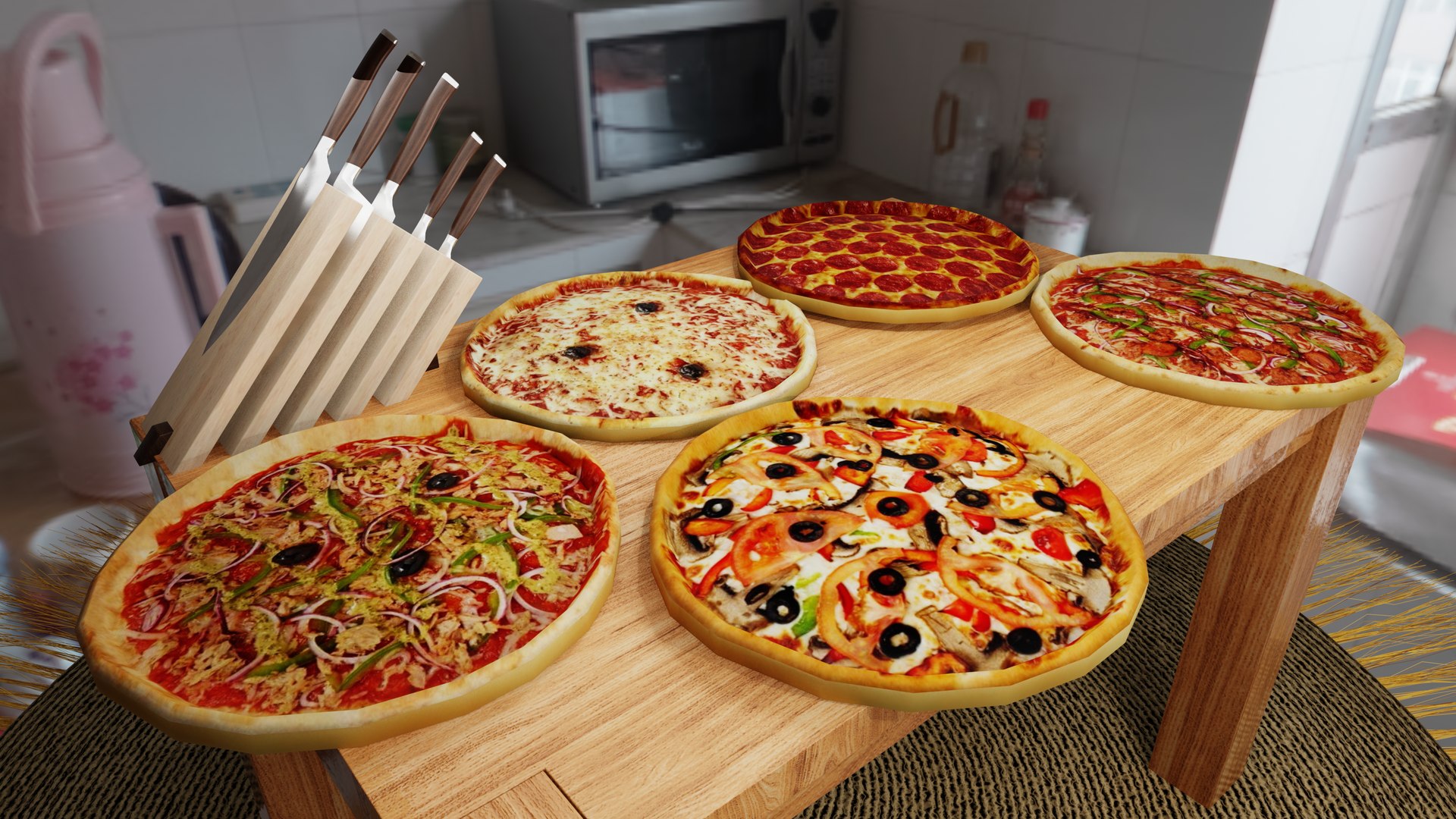3D Realistic 5 Pizzas Pack Set On Wooden Table - TurboSquid 2408081
