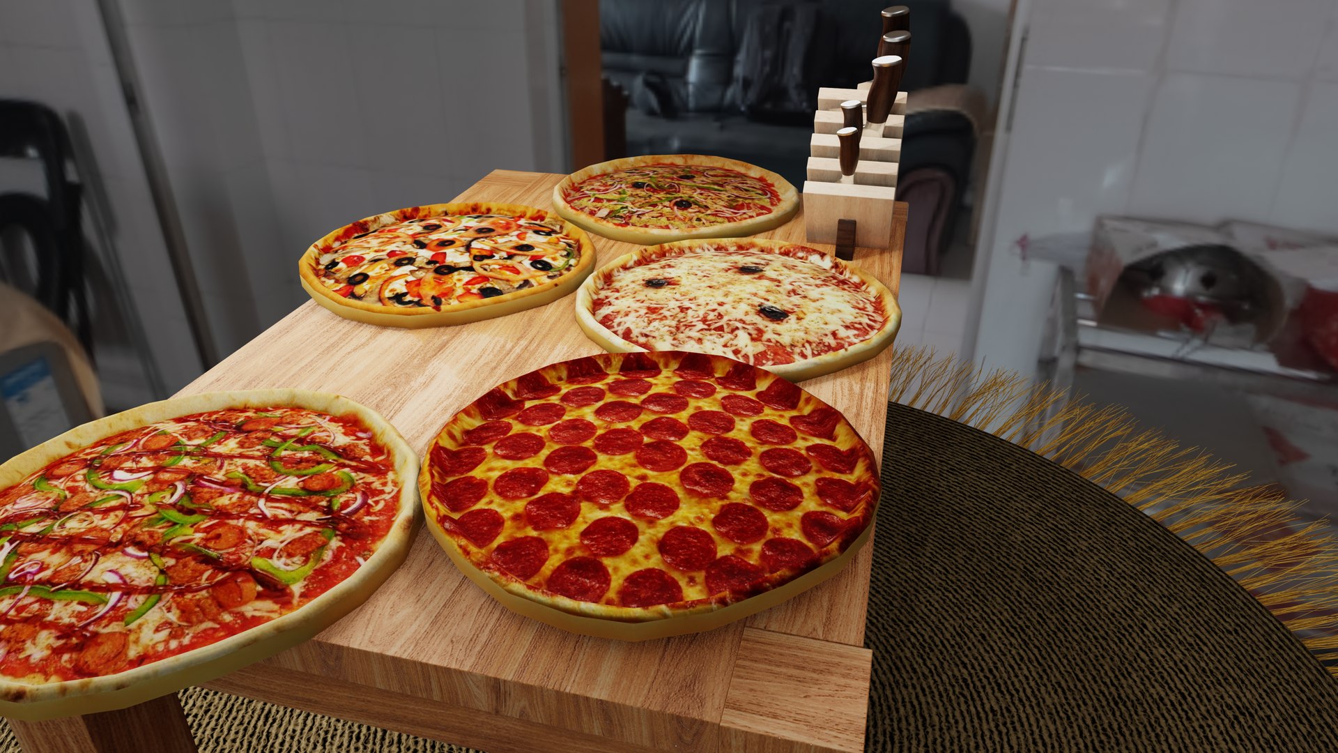 3D Realistic 5 Pizzas Pack Set On Wooden Table - TurboSquid 2408081