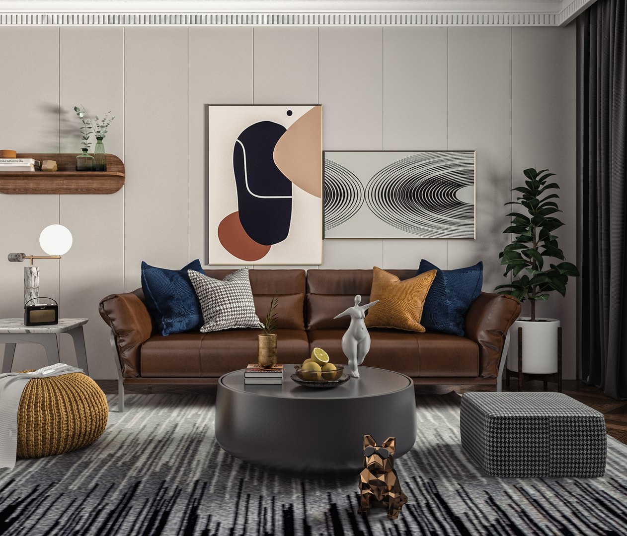 3D Modern living room double sofa leather sofa hanging painting model ...