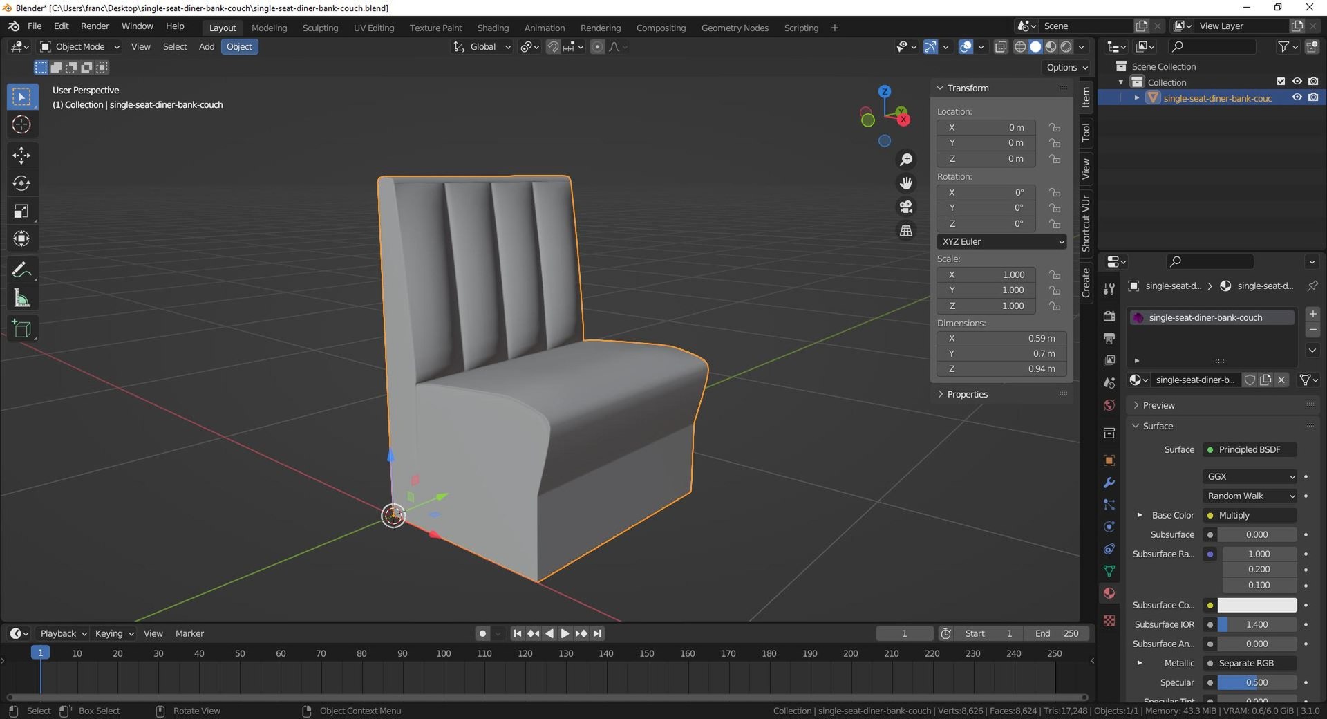 Single Seat Diner Bank Couch 3D Model - TurboSquid 1937007