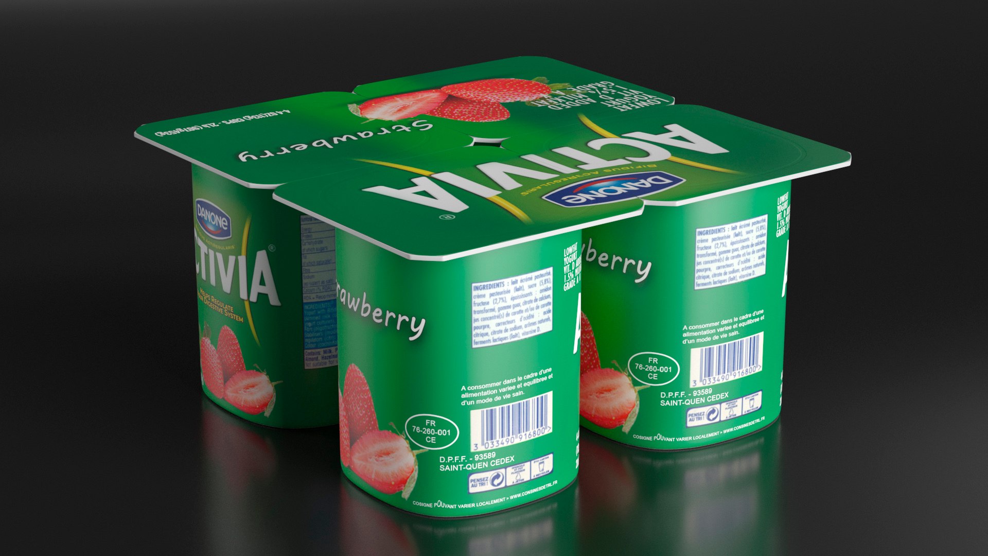 3D Yogurt Danone Activia Strawberry Pack 4 Pcs Model - TurboSquid 2280366