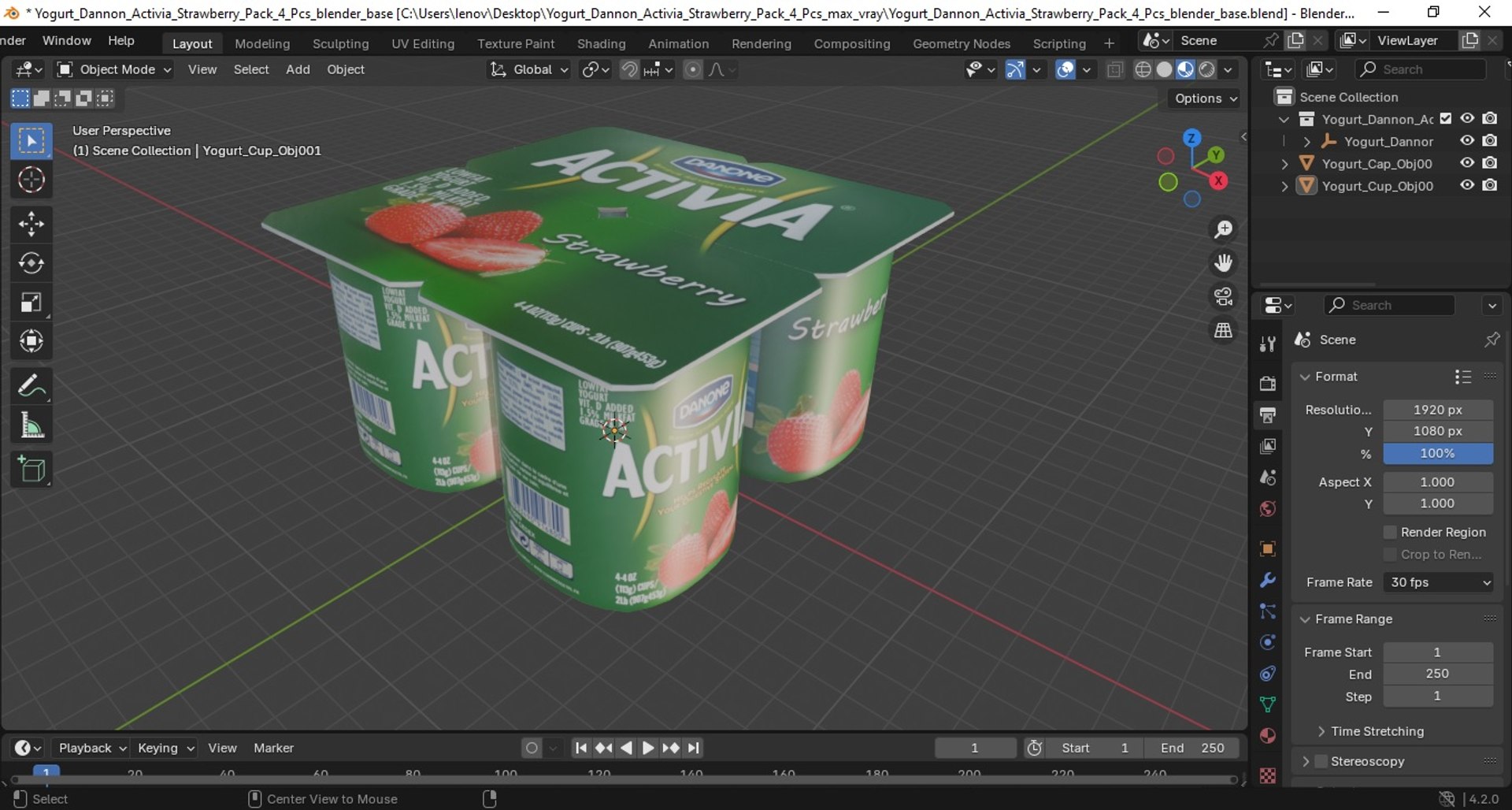 3D Yogurt Danone Activia Strawberry Pack 4 Pcs Model - TurboSquid 2280366