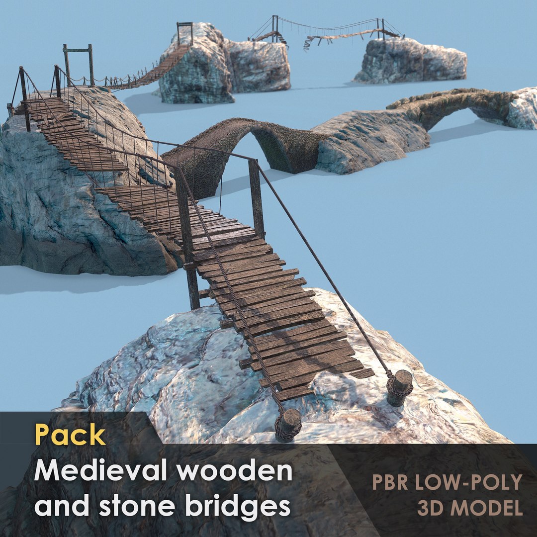 Pack of 7 medieval wooden and stone bridges Low-poly 3D model ...