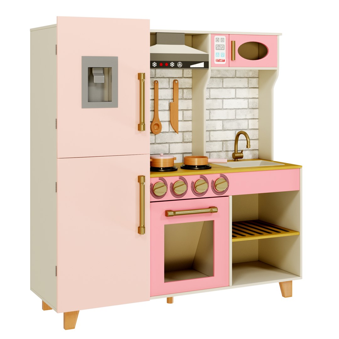 3D Kitchen Corner Deluxe Pink Wooden Kitchen Model - TurboSquid 2162693