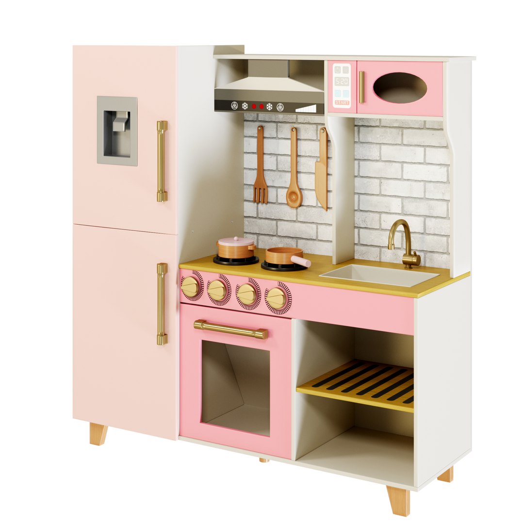3D Kitchen Corner Deluxe Pink Wooden Kitchen Model - TurboSquid 2162693