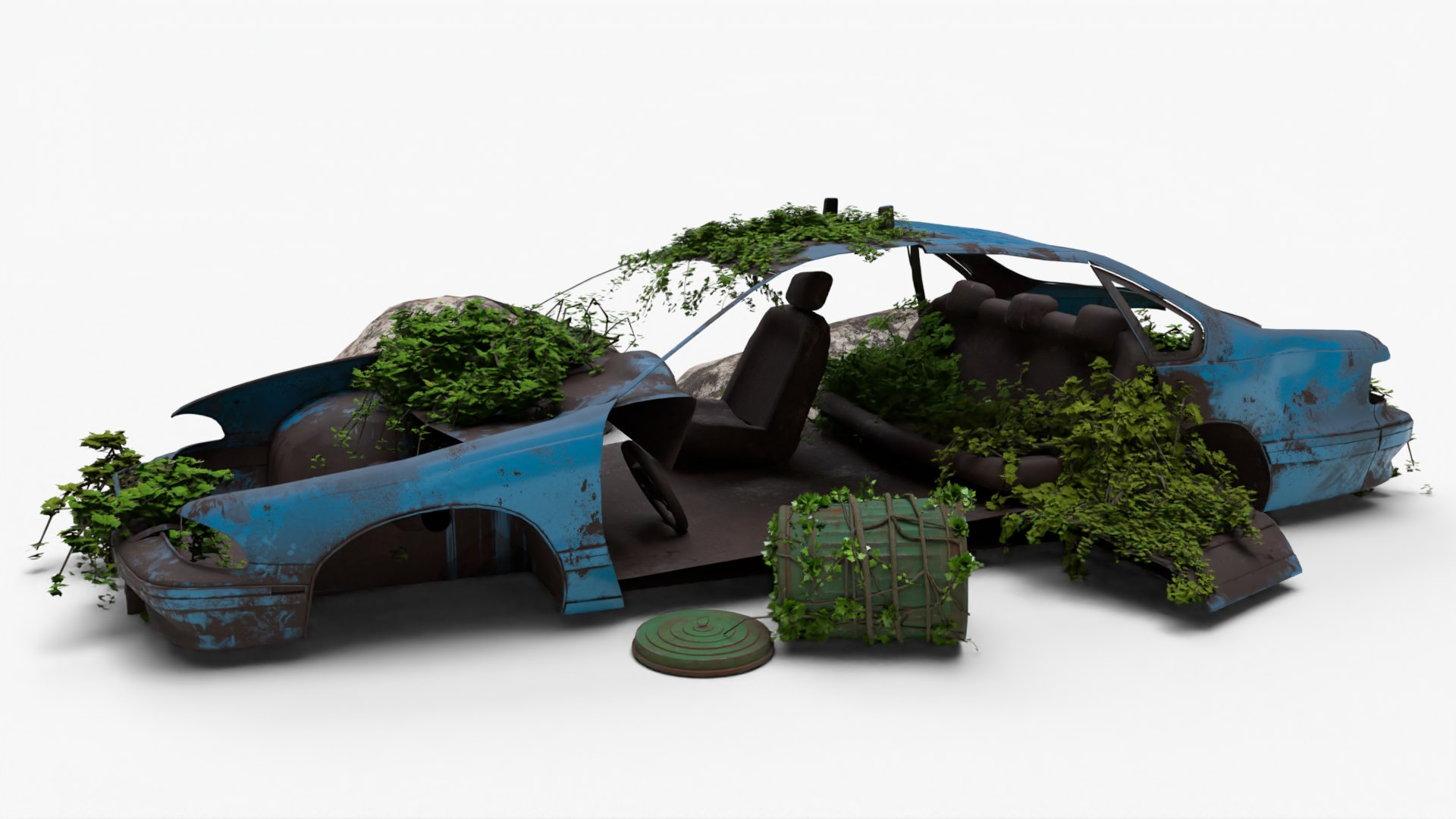 3D модель 4K realistic low poly abandoned car recycle bin rock ivy ...