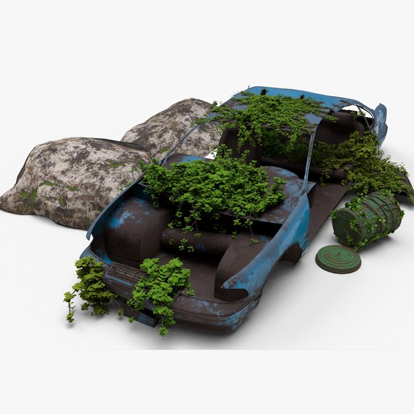 modelo 3d 4K realistic low poly abandoned car recycle bin rock ivy ...