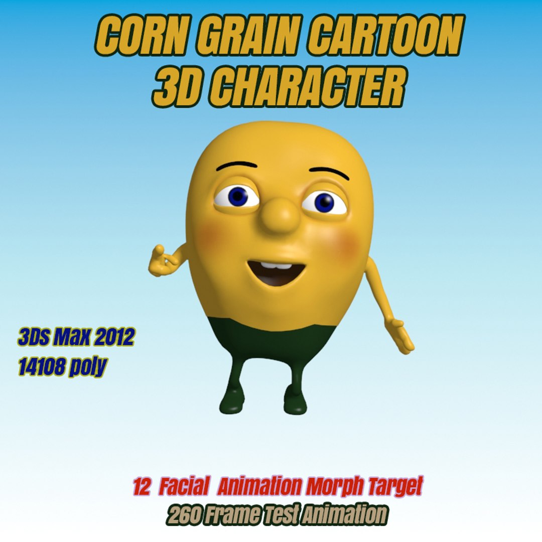 3d modeled corn grain character animation model
