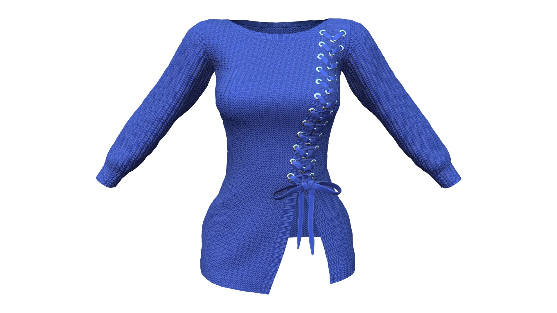 3D Split Front Hem Lace Up Long Sleeve Round Neck Blue Sweater model ...