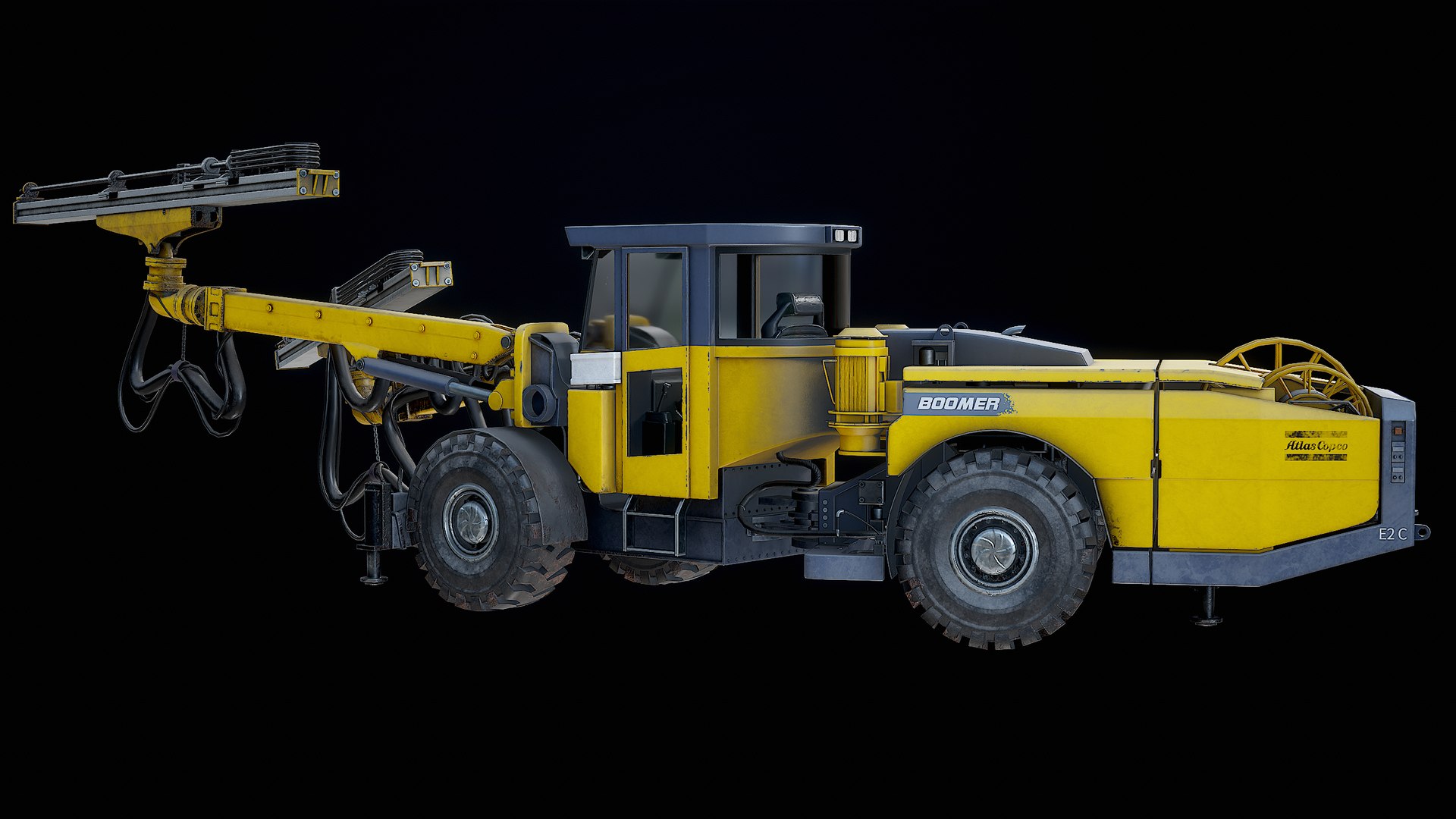 Atlas Copco Boomer E2 C Underground Drilling Rig Rigged PBR 3D model ...